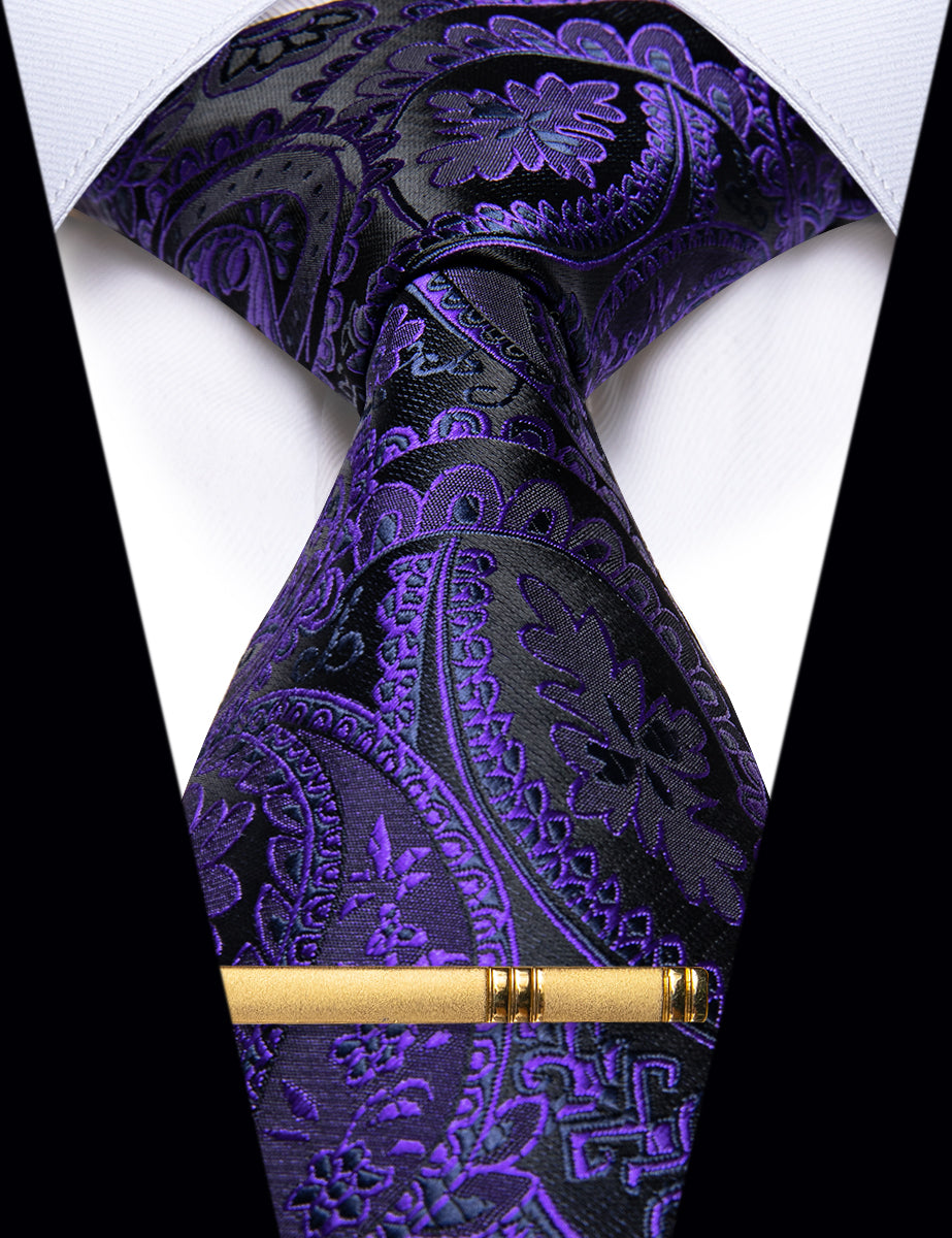 YourTies Black Purple Tie Paisley Silk Necktie with Golden Tie Clip