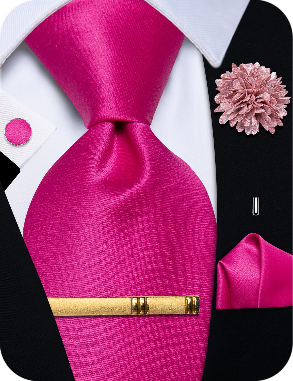 YourTies Pink Tie Hot Pink Solid Men's Wedding Necktie Set