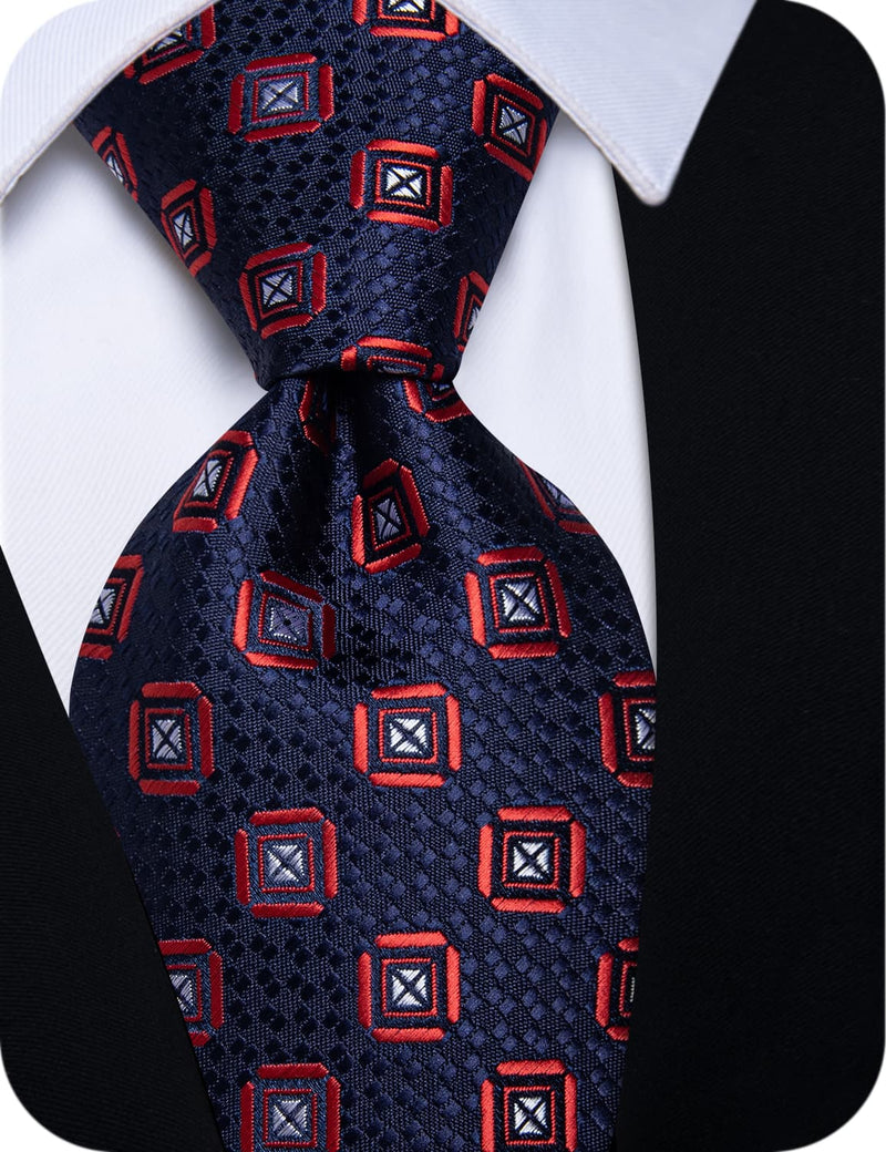 YourTies Deep Blue Ties Red Geometric Tie Floral Brooch Tie Bar Set