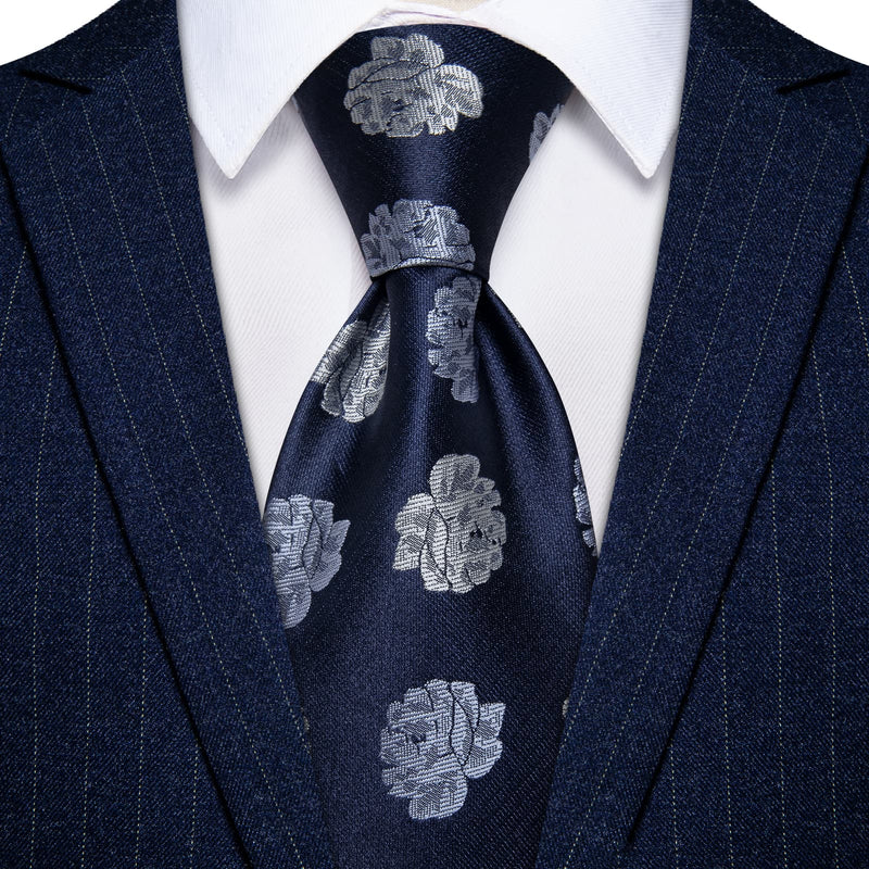YourTies Deep Blue Neckties Grey Roses Floral Tie Hanky Cufflinks Set