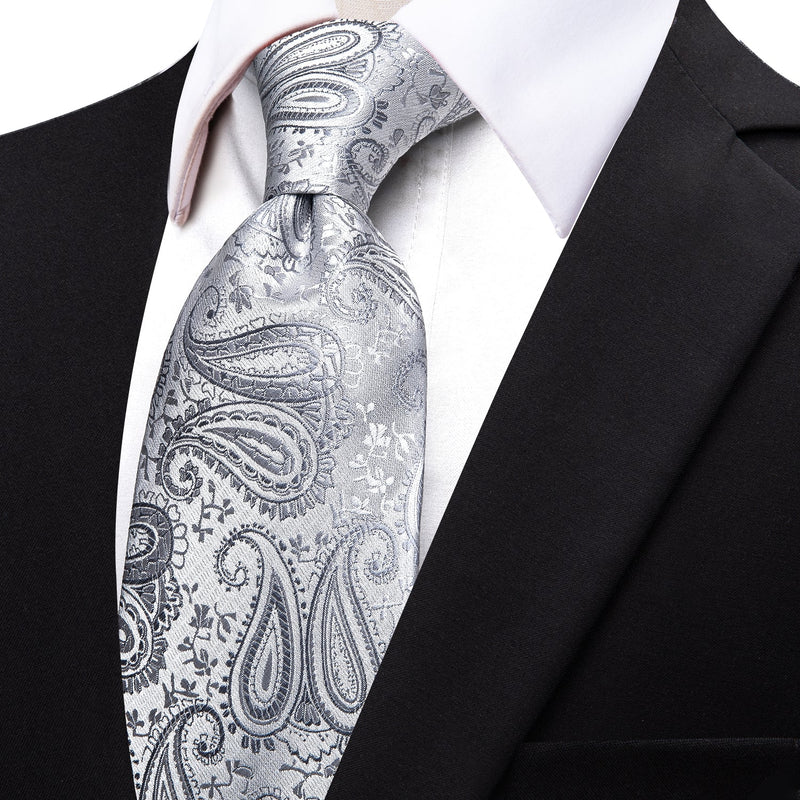 YourTies Silver Tie Light Grey Paisley Jacquard Mens Silk Necktie