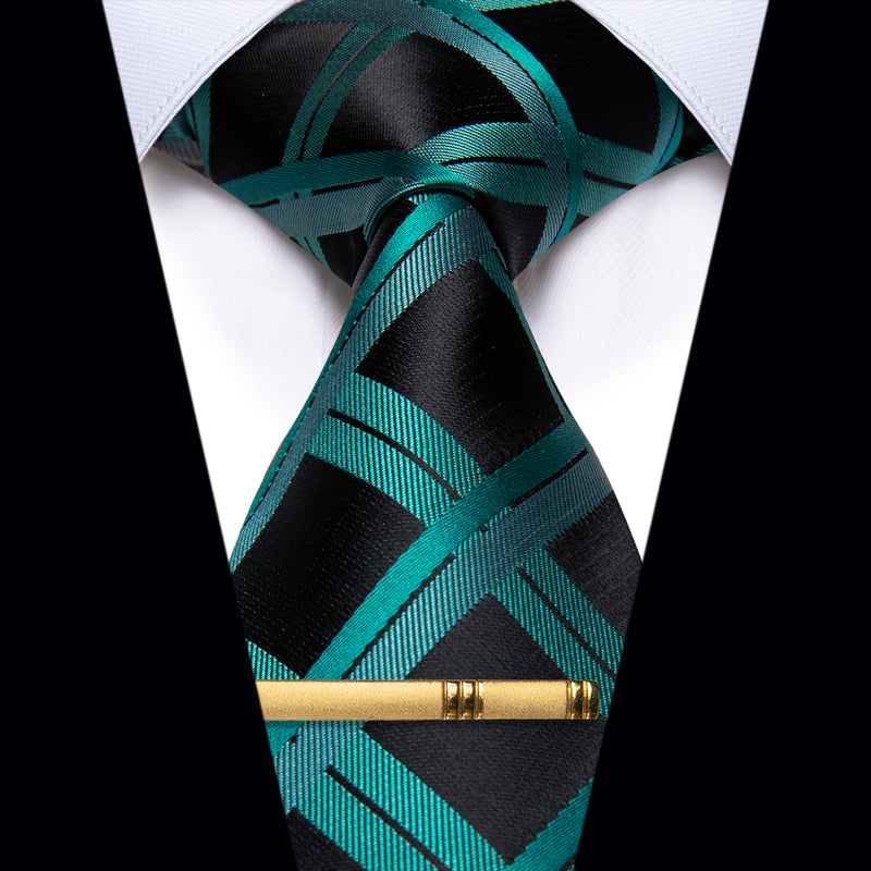 Black Teal Plaid Silk Necktie with Golden Tie Clip – YourTies